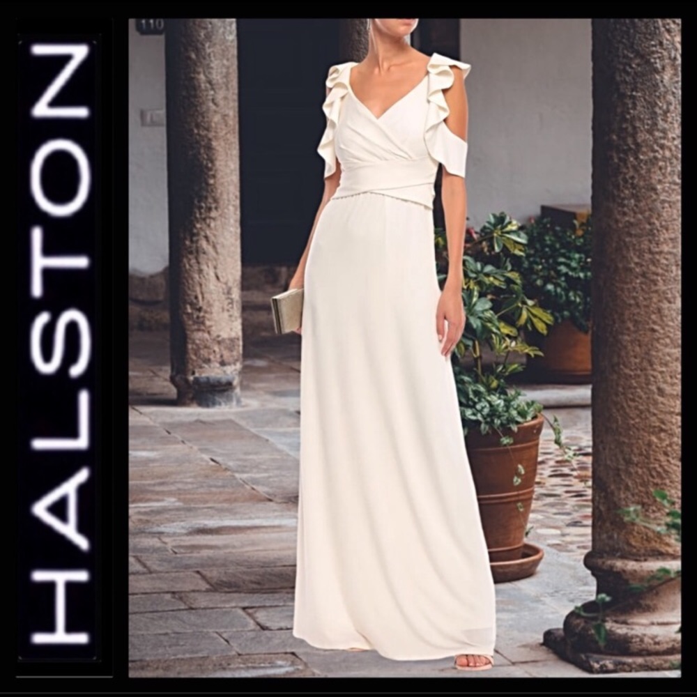 Halston Heritage Cold Shoulder Long Formal Gown - Gem